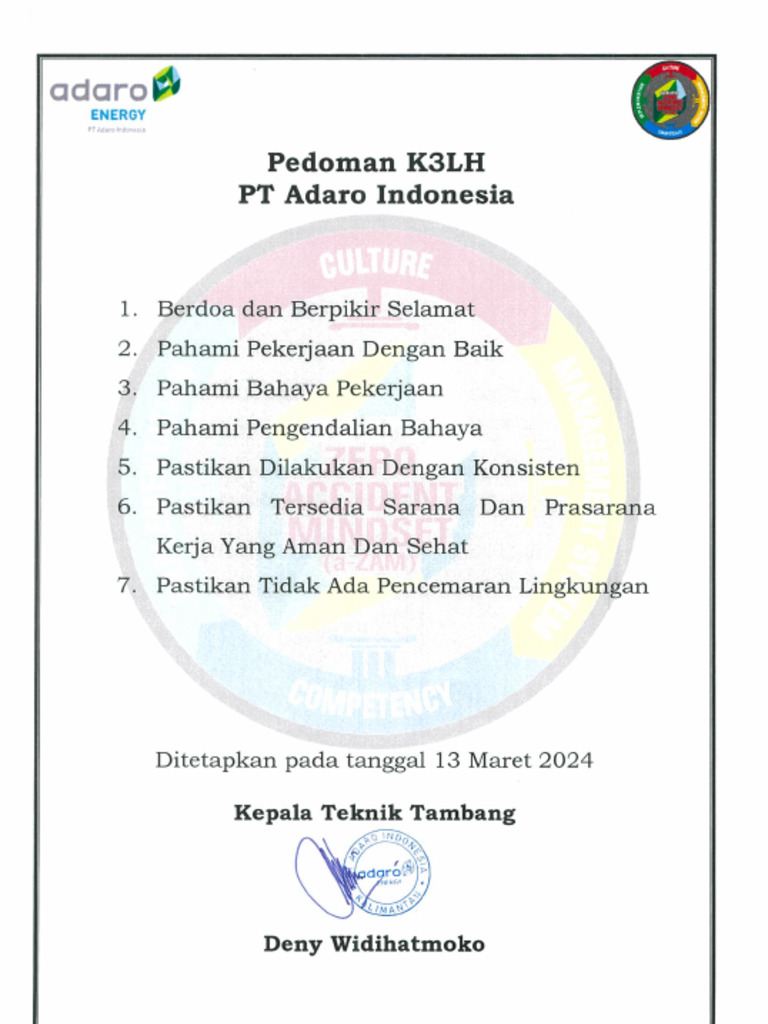 Pedoman K3LH PT Adaro Indonesia - Rev03 - Approved | PDF