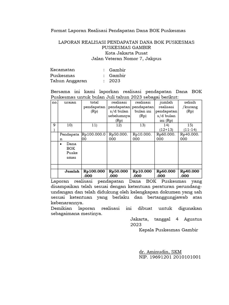 3. Format Laporan Realisasi Pendapatan Dana BOK Puskesmas-1 2 | PDF