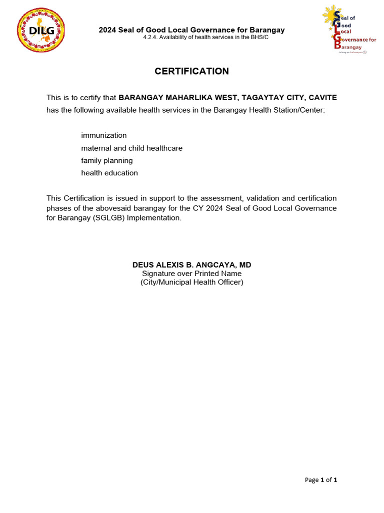 Barangay Health Services Certification | PDF
