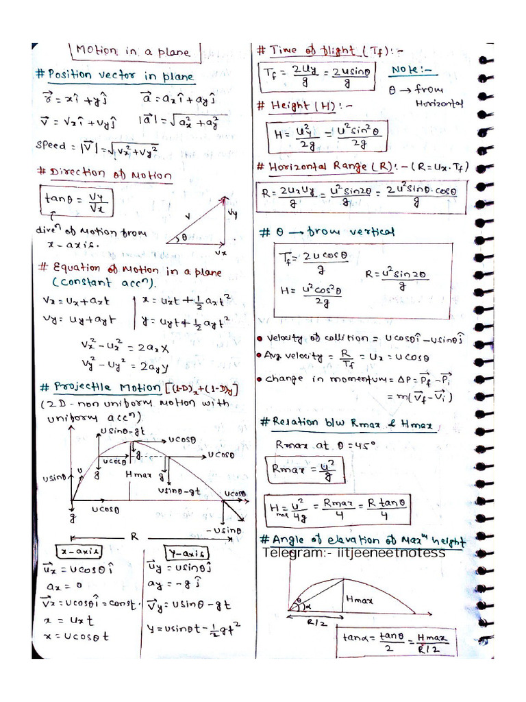 Motion in A Plane Topper's Short Notes For Jee, Neet & Board Exams | PDF