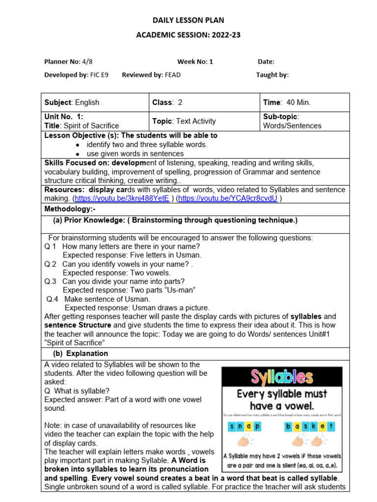 Week 1 Planner 4 GRADE 2 | PDF | Syllable | Vowel