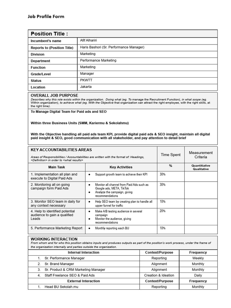 Job Profile Form - Digital Marketing Manager | PDF | Business Economics ...