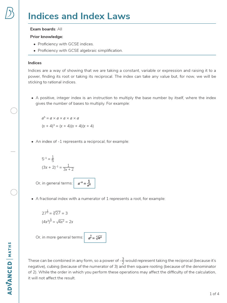 Indices and Index Laws | PDF | Mathematics | Mathematical Notation
