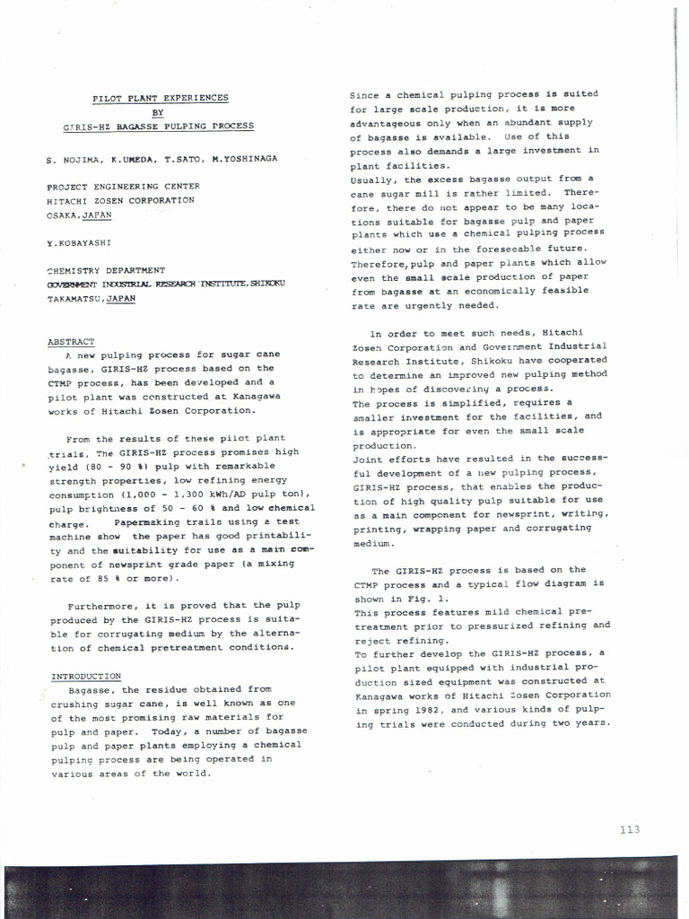 Bagasse CTMP and TMP Process | PDF