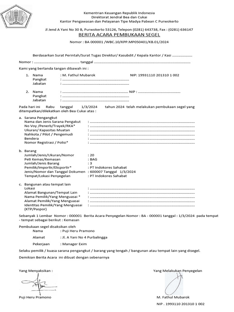 Berita Acara Pembukaan Segel | PDF