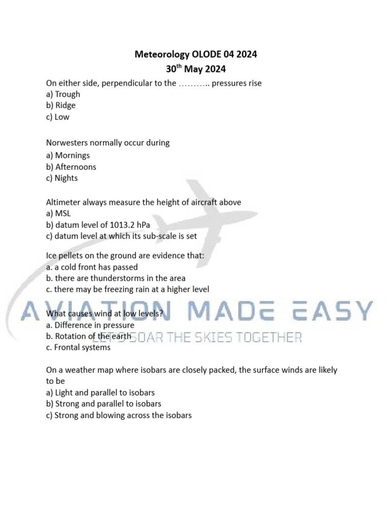 Meteorology Exam Questions 2024 | PDF | Cloud | Sea Level