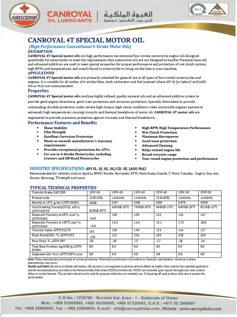 TDS-CANROYAL 4T ENGINE OILS. | PDF | Motor Oil | Vehicle Technology