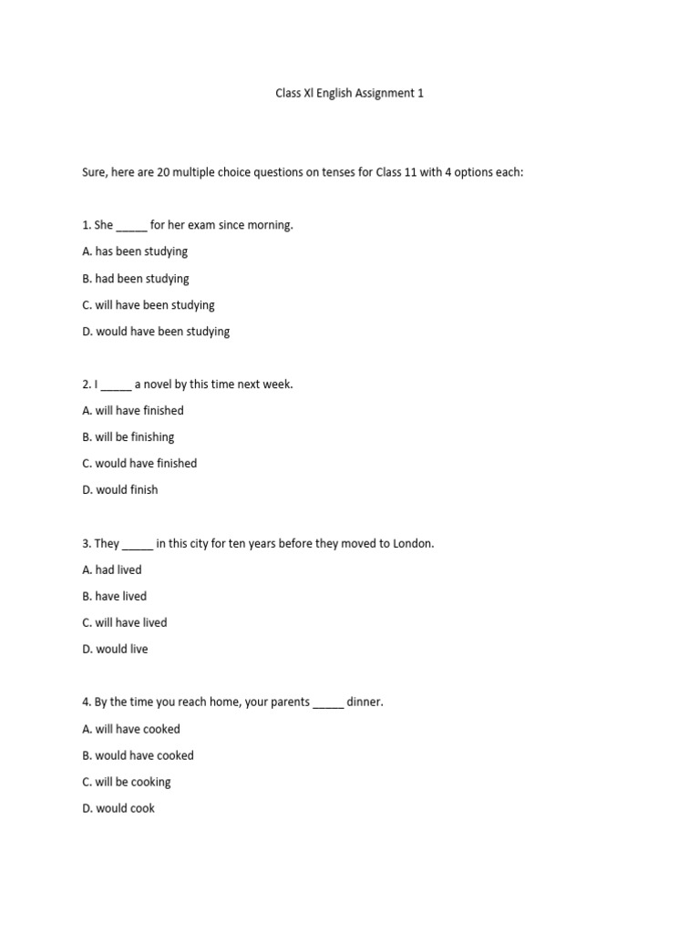 Class XL English Assignment 1 | PDF