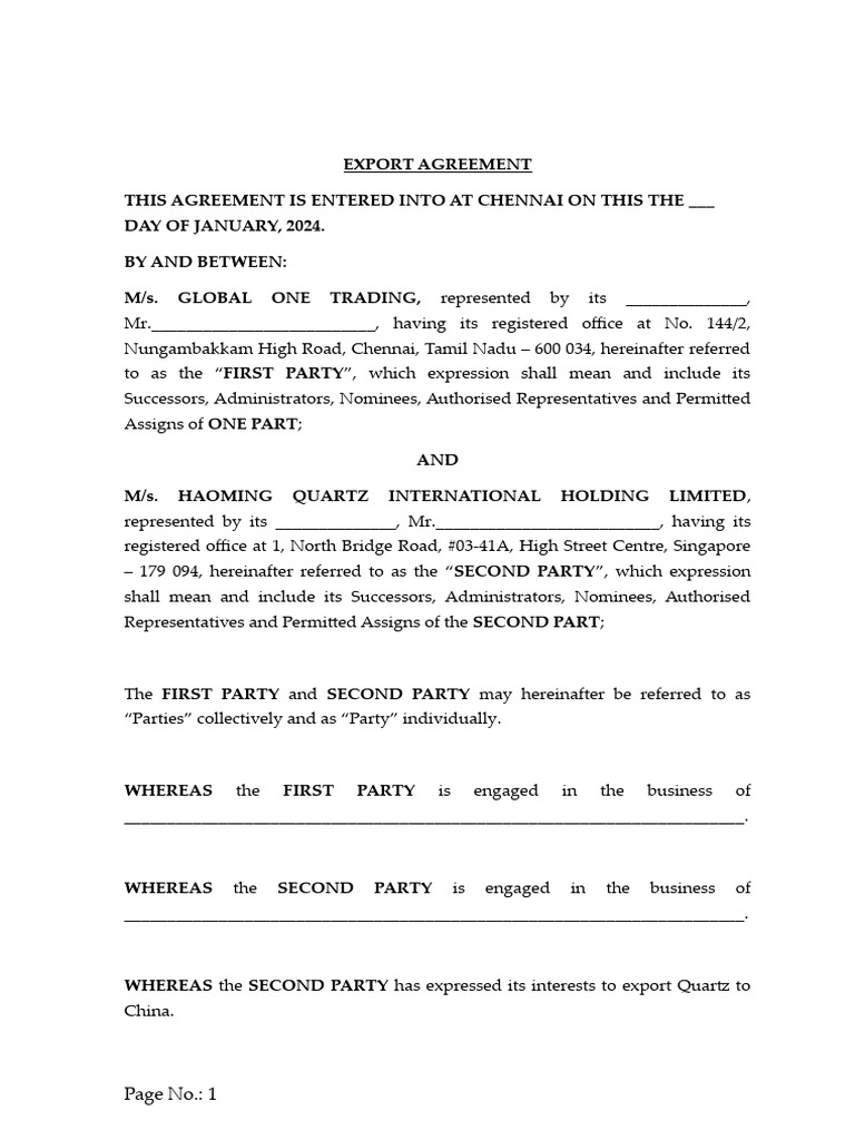 Export Agreement - Global One Trading | PDF | Private Law | Business Law