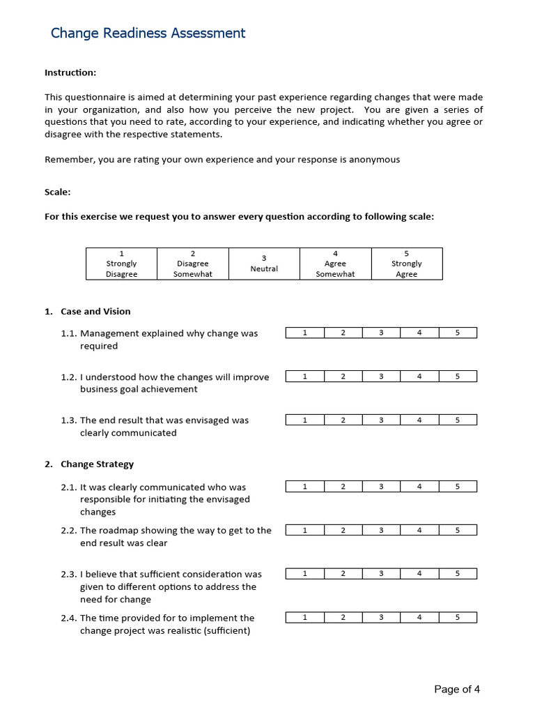 Change Readiness Assessment Questionnaire | PDF | Experience ...