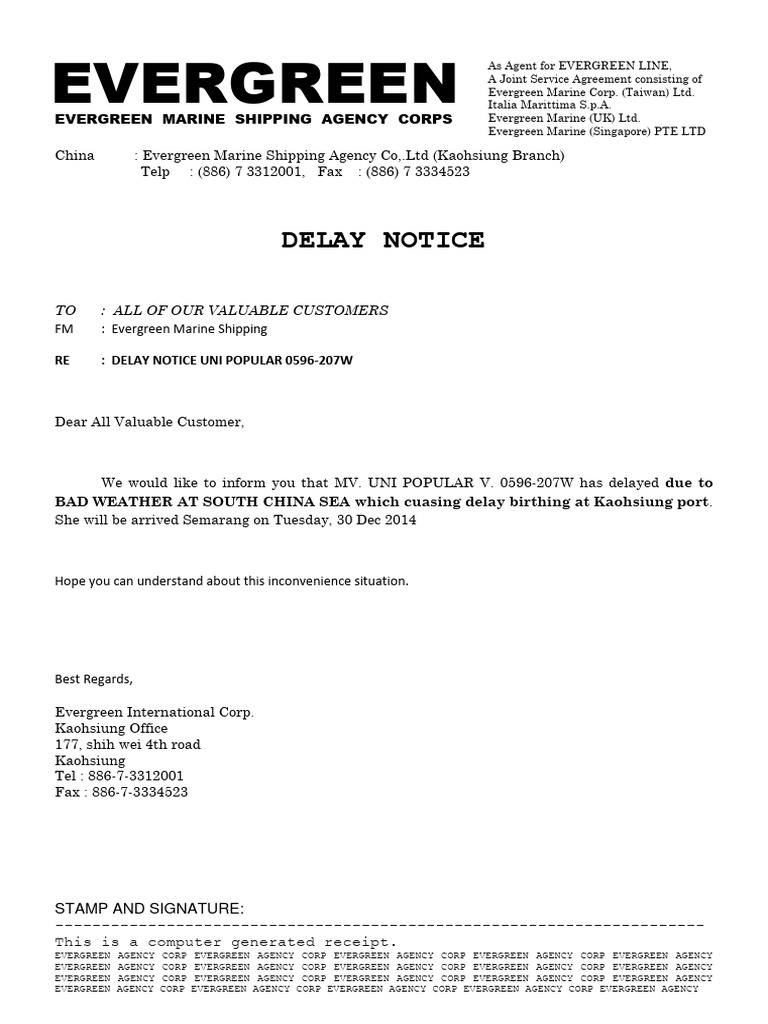 Evergreen Delay Notice | PDF