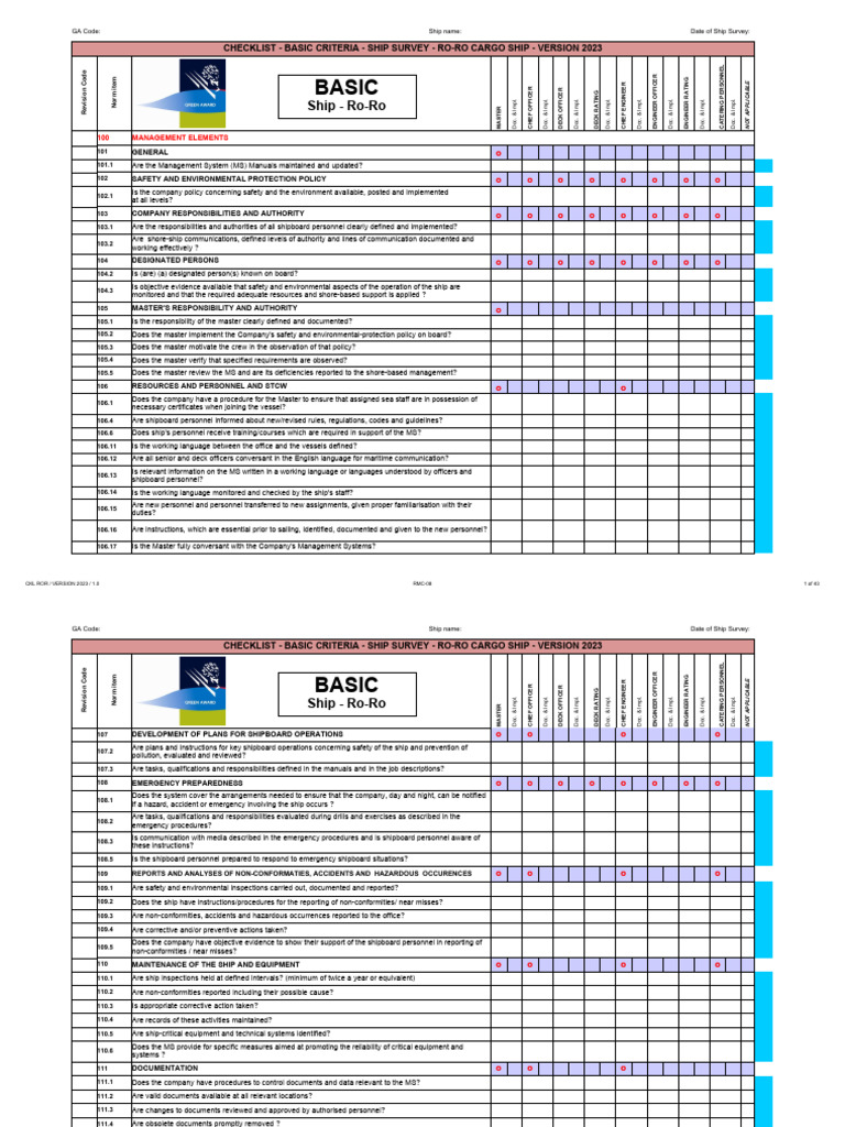 1-10-2-Ro-Ro-ship-checklist-Version-2023-1.0 | PDF | Safety