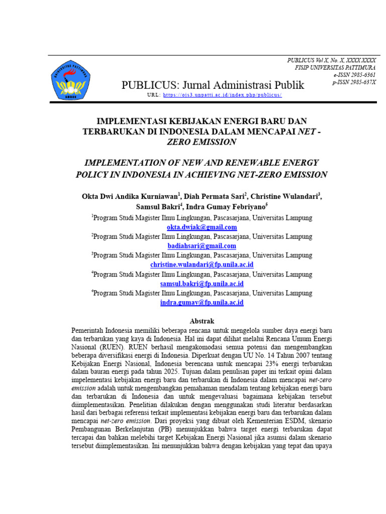 IMPLEMENTASI KEBIJAKAN ENERGI BARU DAN TERBARUKAN DI INDONESIA DALAM MENCAPAI NET - ZERO ...