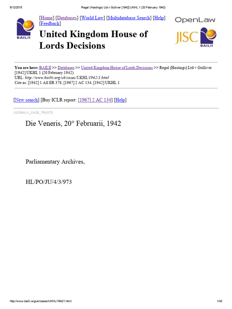 6. Regal Hastings v Gulliver 1942 1 All ER 378 House of Lords. | PDF | Fiduciary | Common Law