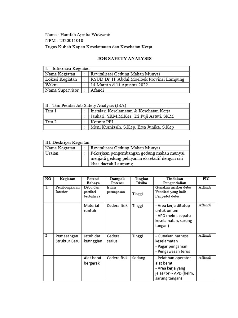 Hanifah Aprilia W - 2320011010 - Tugas JSA-K3 | PDF