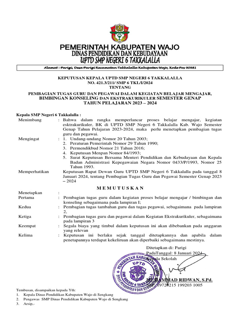 SK Pembagian Tugas 2023 - 2024 Genap-1 | PDF
