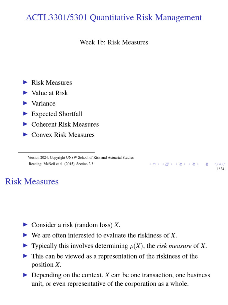 Topic 2 Risk Measures (Week 1) | PDF | Value At Risk | Normal Distribution