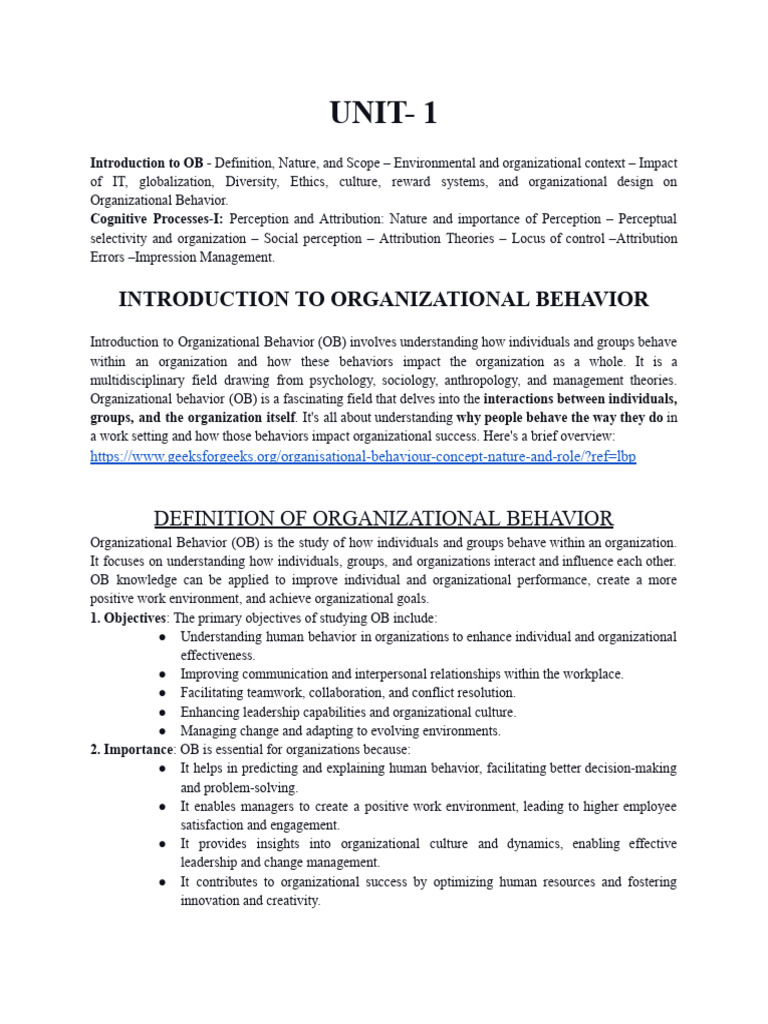 OB UNIT - I | PDF | Perception | Leadership