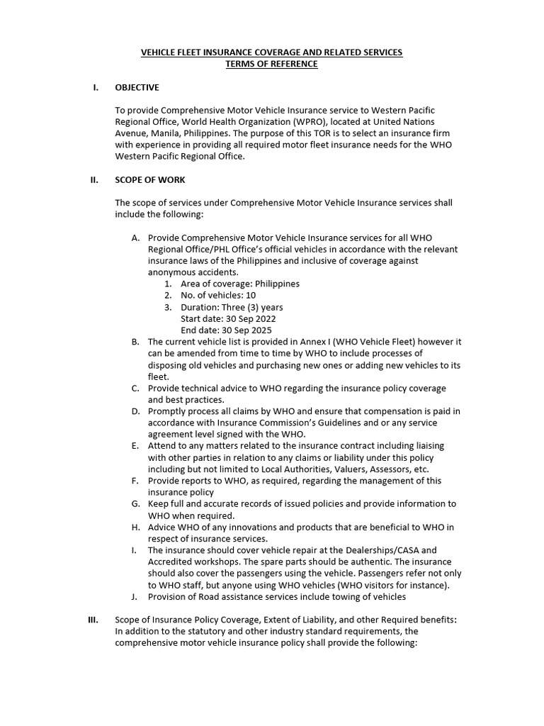 WHO Terms of Reference - Vehicle Fleet | PDF | Insurance | Vehicle Insurance