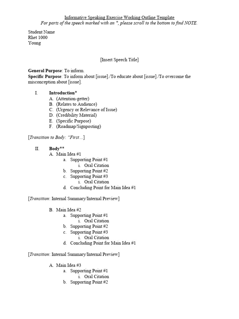 Informative Speaking Exercise Working Outline Template | PDF | Career ...