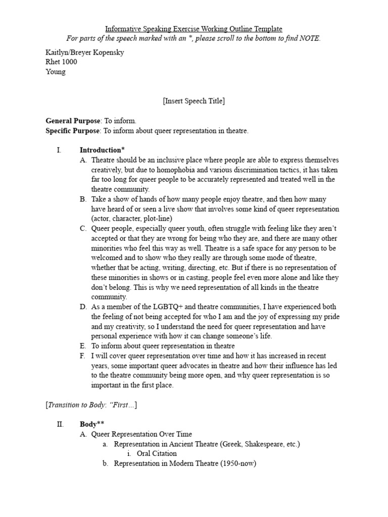 Informative Speaking Exercise Working Outline Template | PDF | Language ...