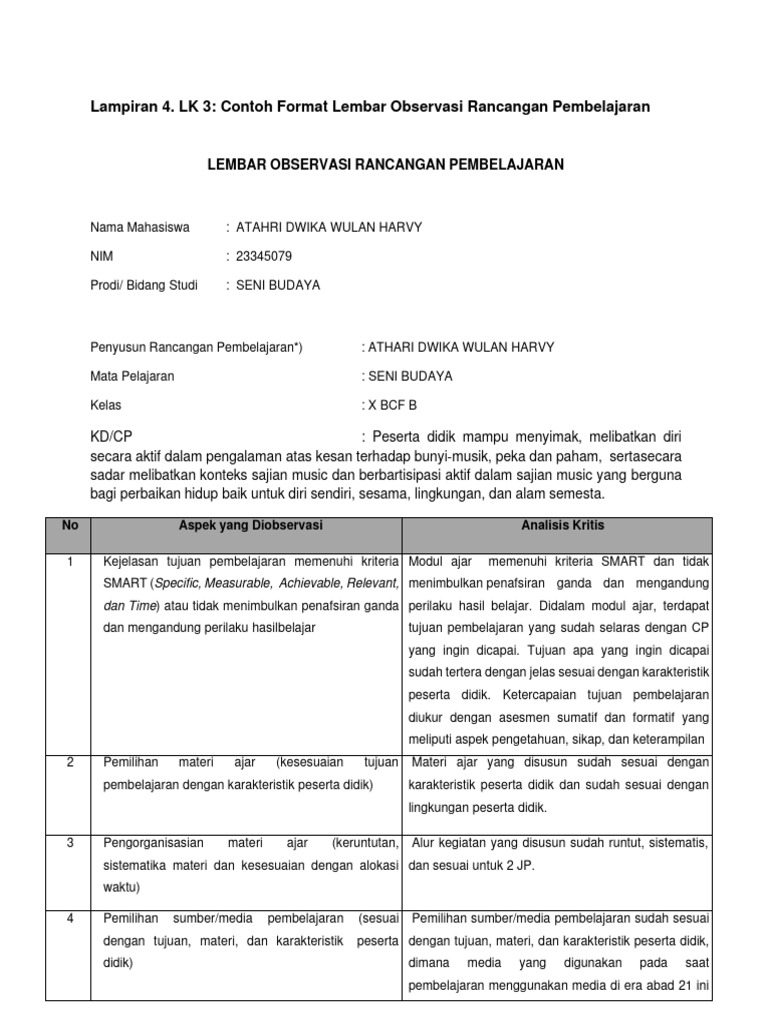 LK 3 Contoh Format Lembar Observasi Rancangan Pembelajaran | PDF | Karier & Perkembangan