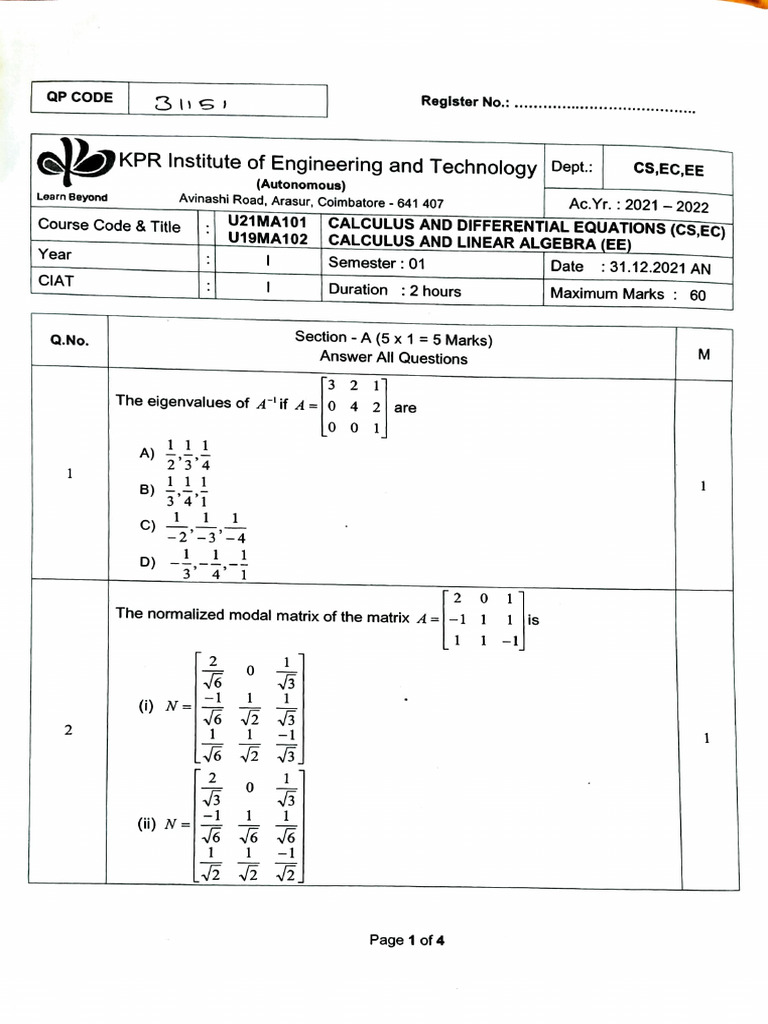 Ciat 1 CSE | PDF | Eigenvalues And Eigenvectors | Matrix (Mathematics)