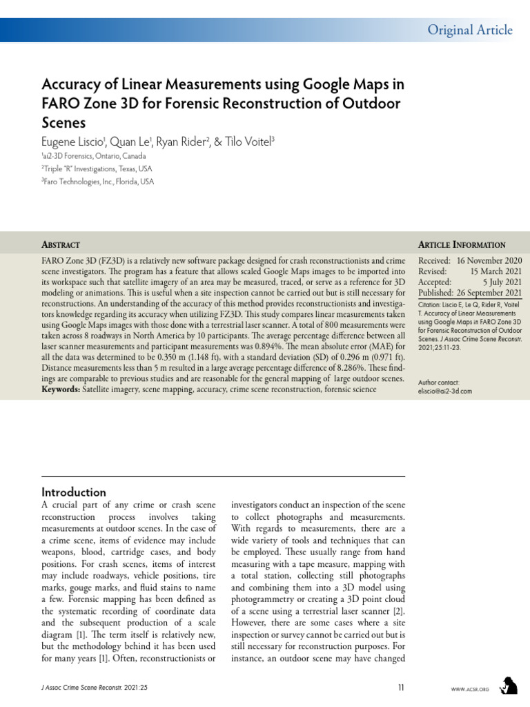 Accuracy of Linear Measurements Using Google Maps in FARO Zone 3D For ...