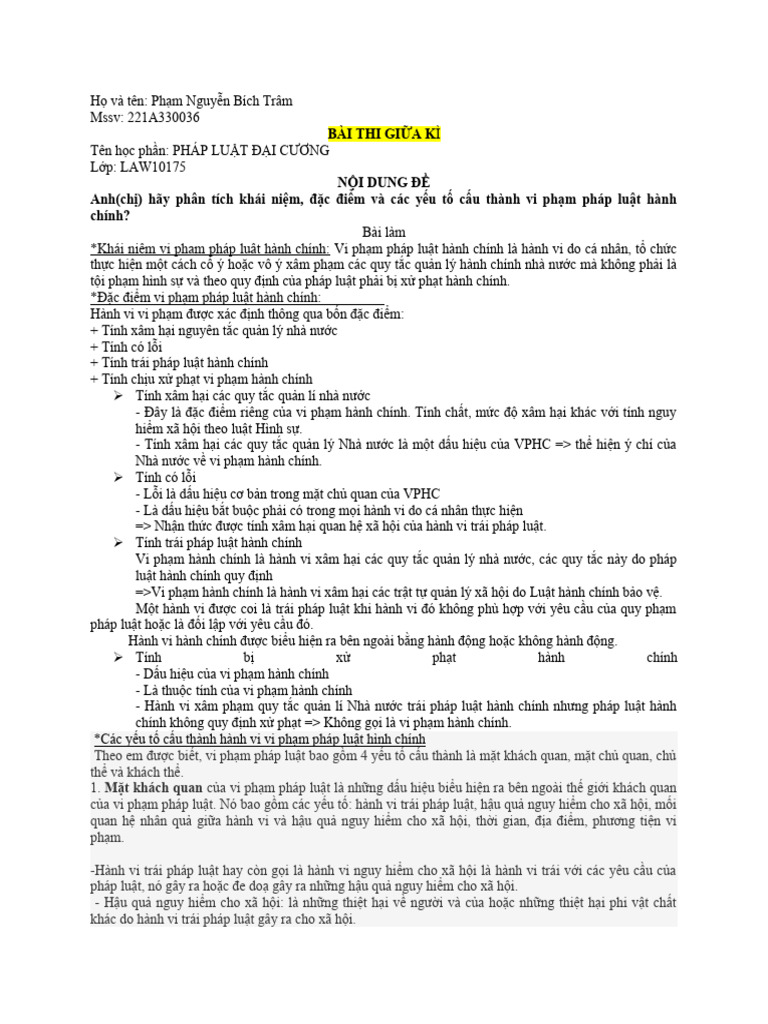 Bài Thi Giữa Kì PLDC - Tram - 221A330036 | PDF