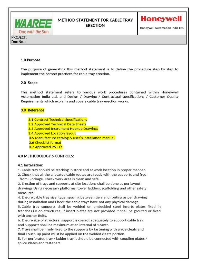 Cable Tray Erection Method Statement | PDF | Welding | Construction