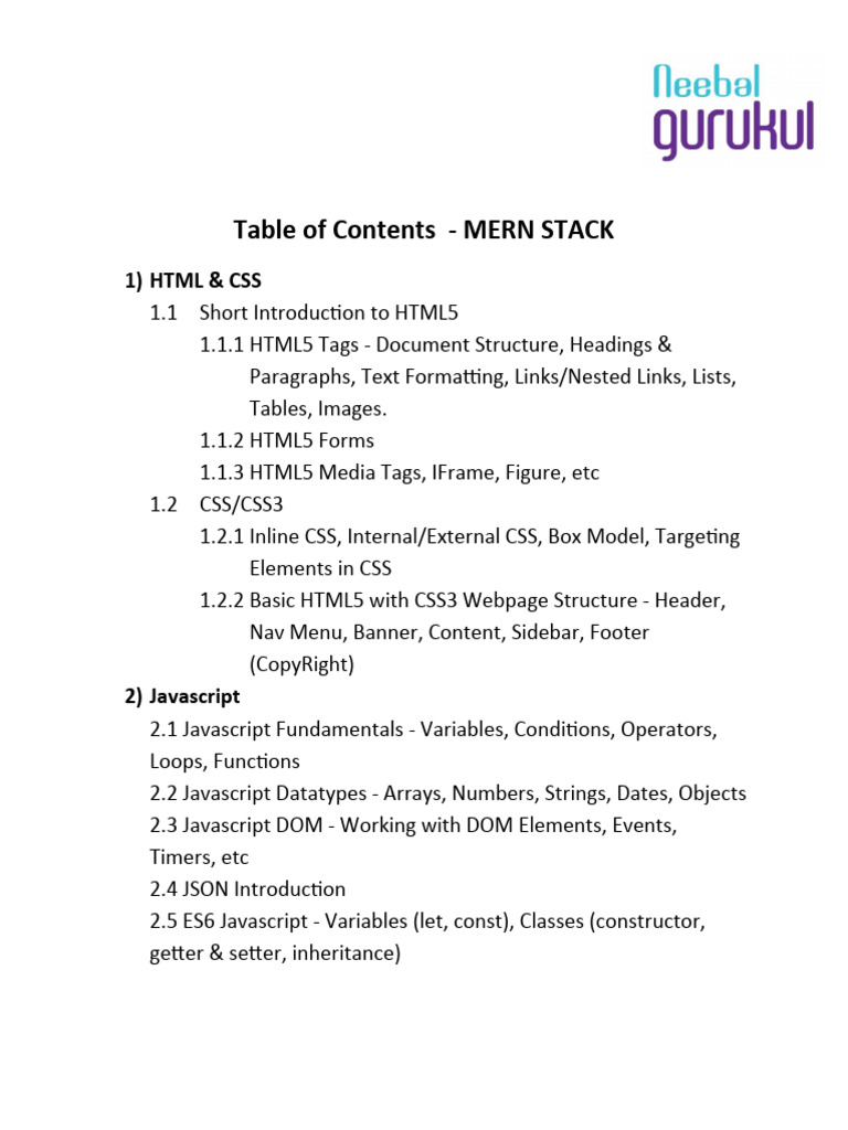 Topic of Contents - Mern Stack | PDF | Java Script | Mongo Db