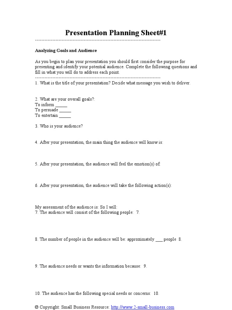 Presentation Planning Sheet#1: Analyzing Goals and Audience | PDF