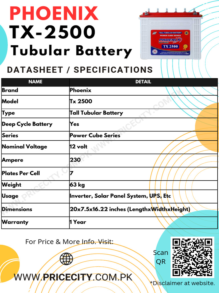 Phoenix Tubular Battery TX 2500 Datasheet Specifications | PDF