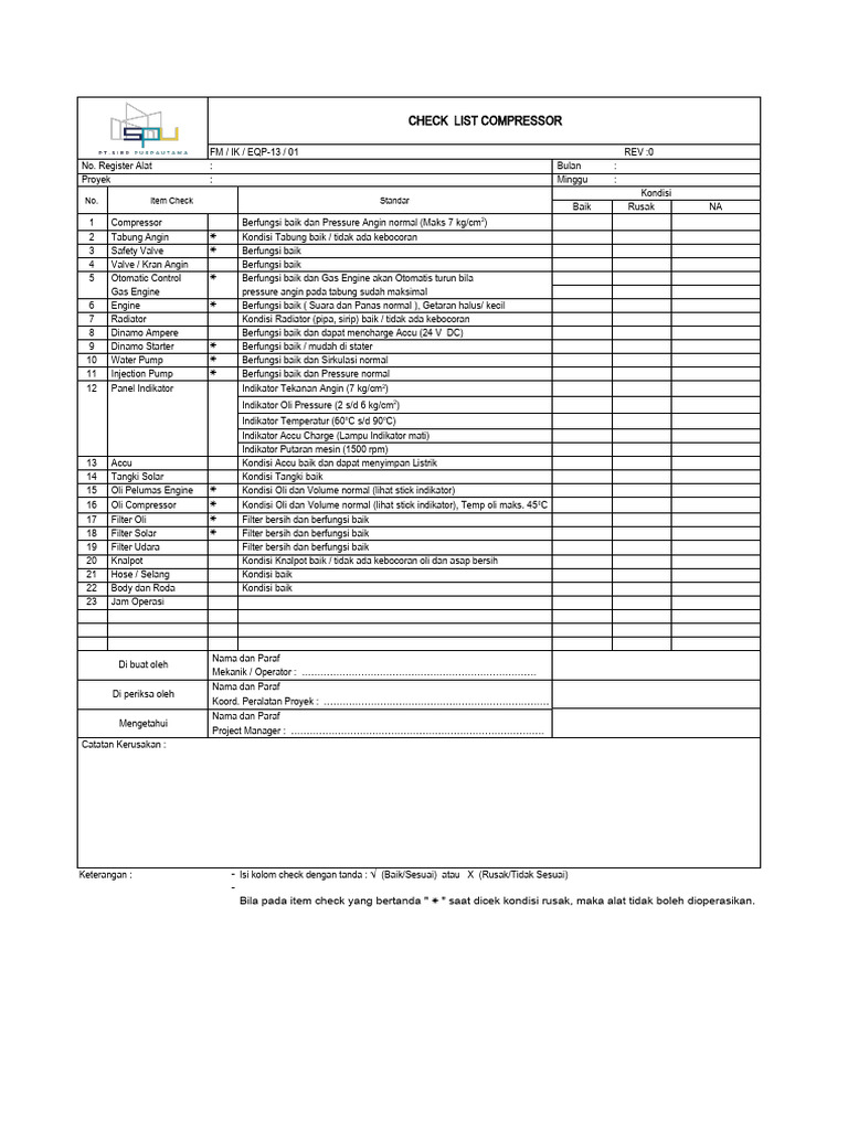 FM-IK-EQP-13-01 Checklist Harian Compressor R0 | PDF