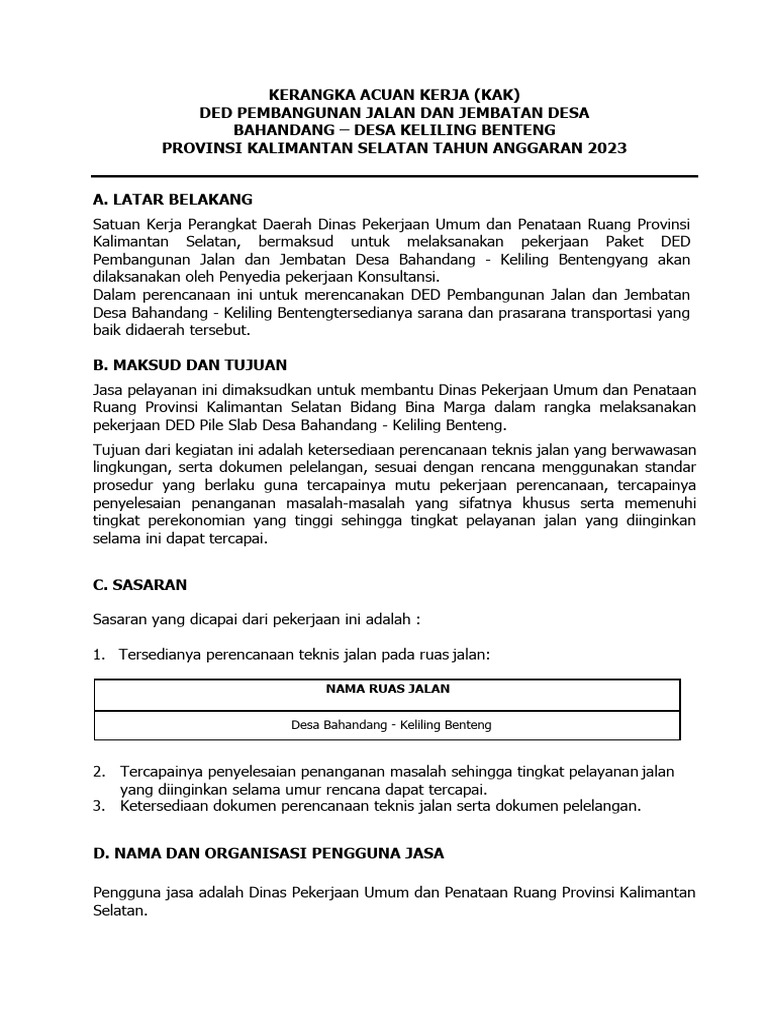KAK Pembangunan Jalan Dan Jembatan Desa Bahandang Keliling Benteng | PDF