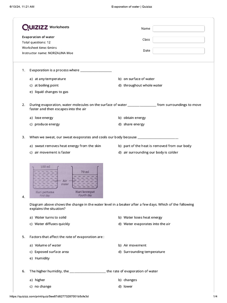 Water Evaporation Worksheets and Quiz | PDF | Evaporation | Water