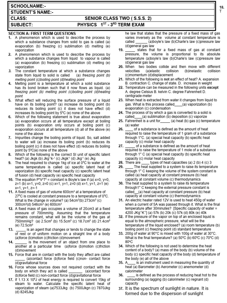 Physics Ss2 3rd Term Exam | PDF | Heat Capacity | Boiling