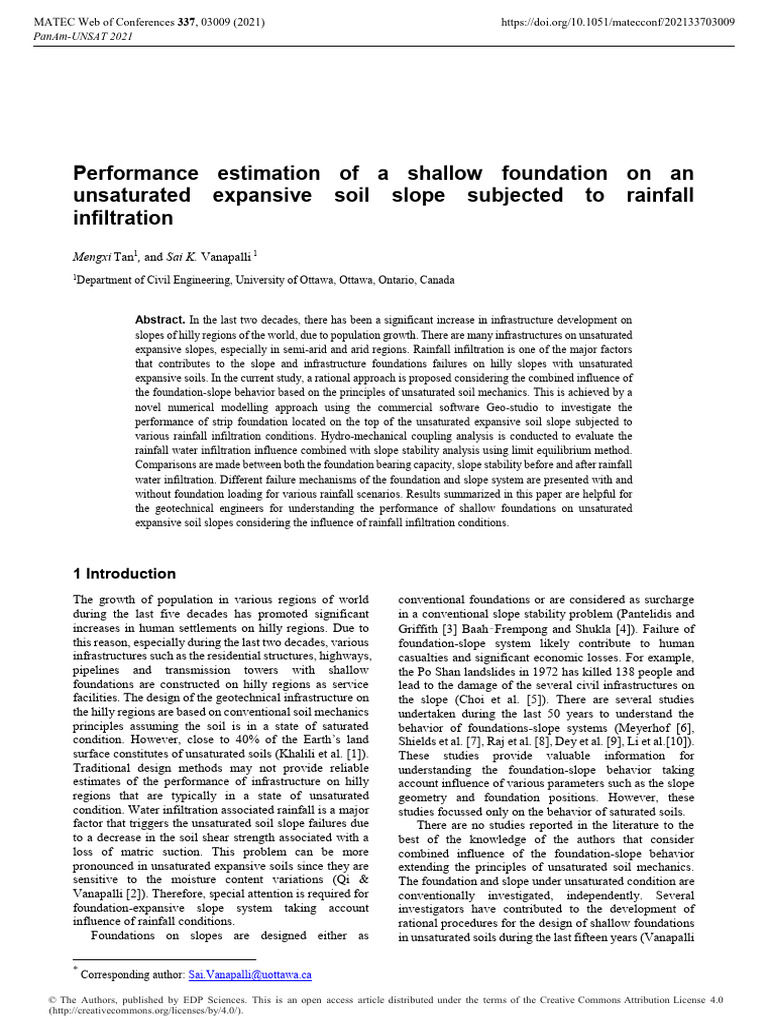 Performance Estimation of A Shallow Foundation On An Unsaturated ... Performance Estimation of A Shallow Foundation On An Unsaturated ...