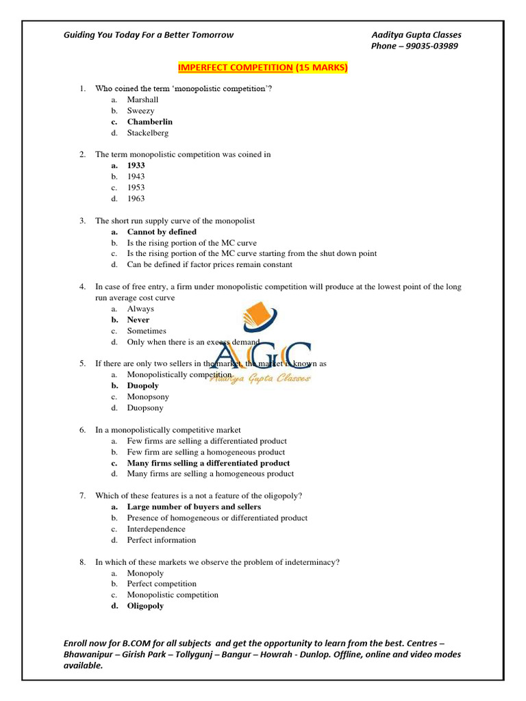 IMPERFECT COMPETITION MCQs (SOLVED) | PDF | Oligopoly | Monopoly