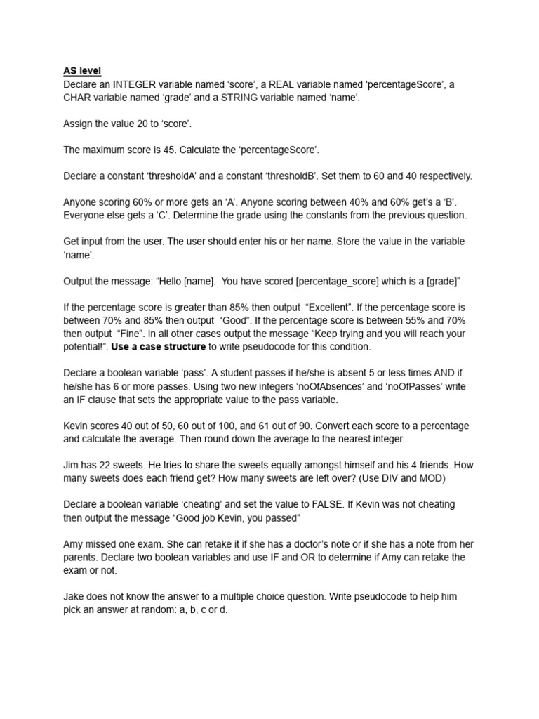 PseudoCode Memorisation Exercises | PDF | Parameter (Computer Programming) | Pointer (Computer ...