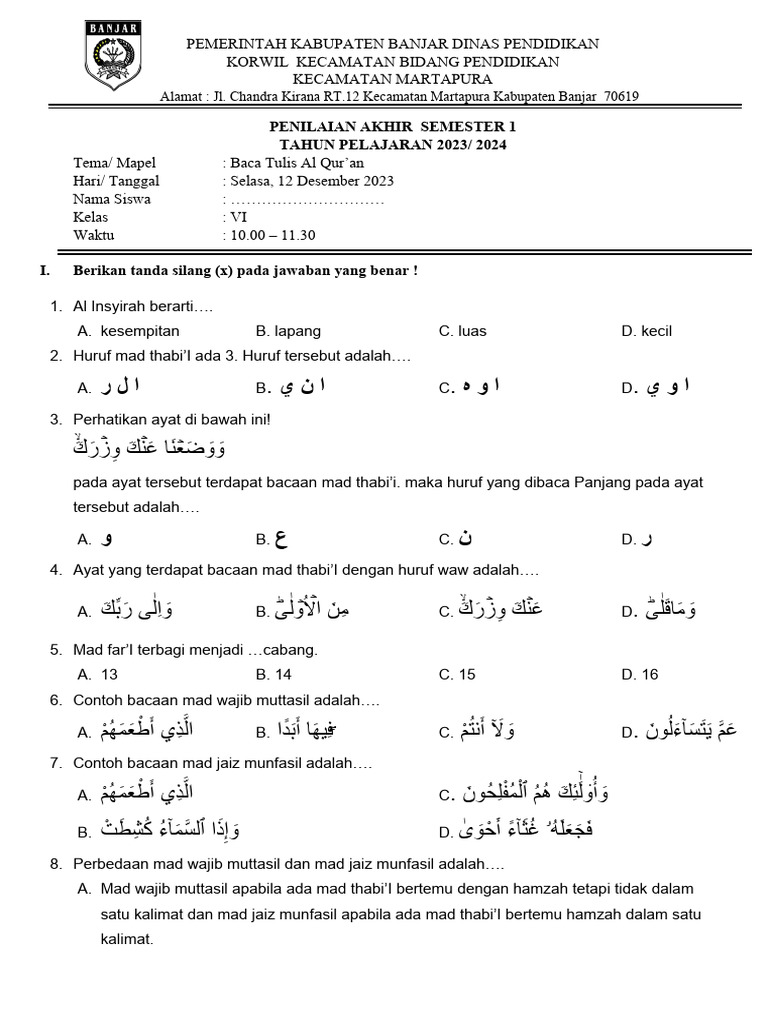 Soal Pas I Kelas 6 Bta Tahun 2023 | PDF