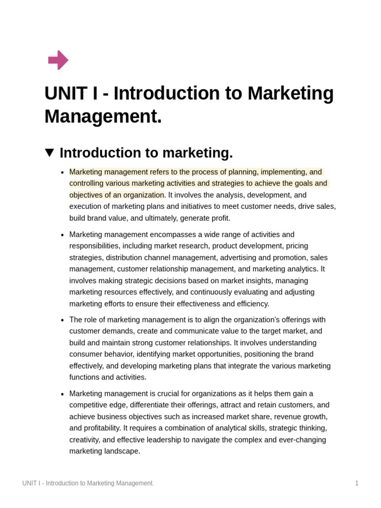 UNIT I - Introduction To Marketing Management | PDF | Marketing | Sales