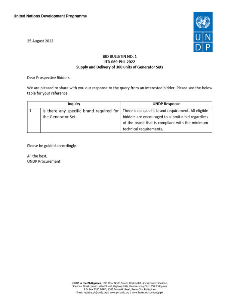 UNDP Bid Bulletin: Generator Sets ITB-069-PHL-2022 | PDF