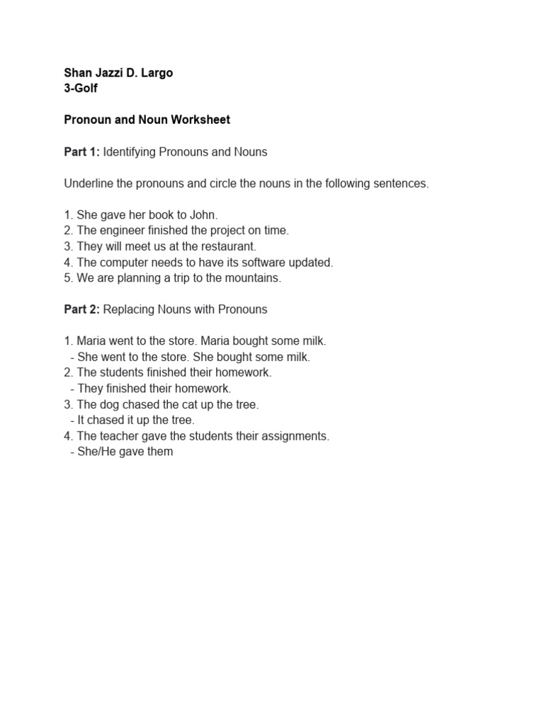 Pronoun and Noun Worksheet | PDF | Language Arts & Discipline