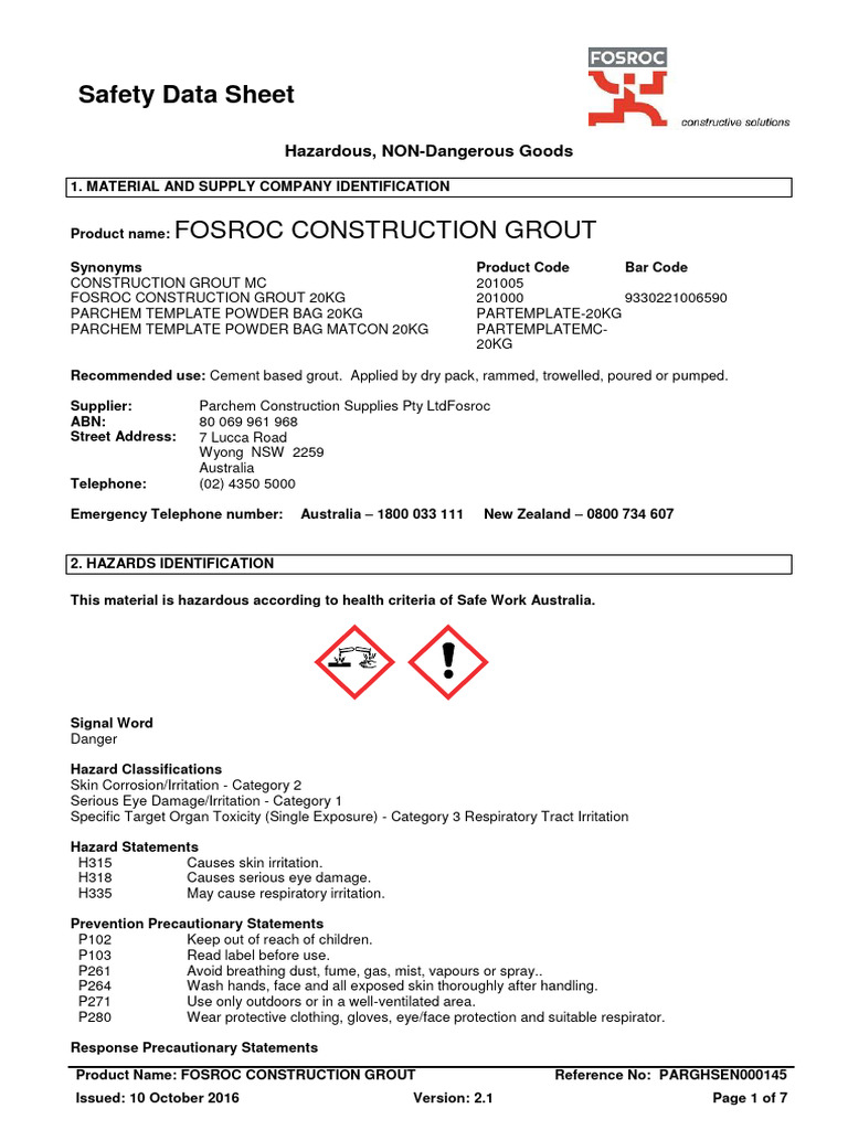 Fosroc Construction Grout-Aus GHS | PDF | Toxicity | Personal ...