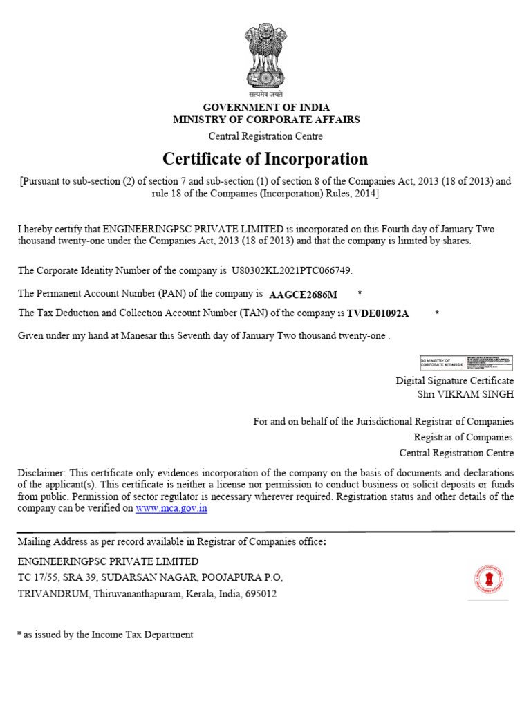 Certificate of Incorporation: WWW - Mca.gov - in | PDF | Finance ...