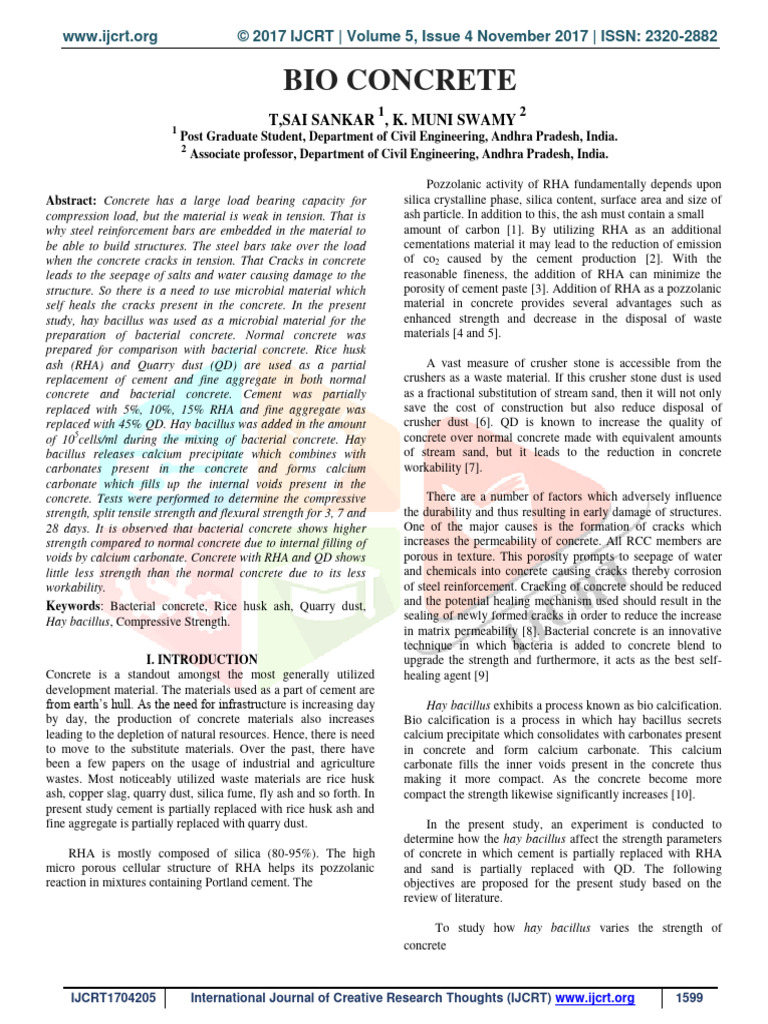 Bio Concrete: T, Sai Sankar, K. Muni Swamy | PDF | Concrete | Cement