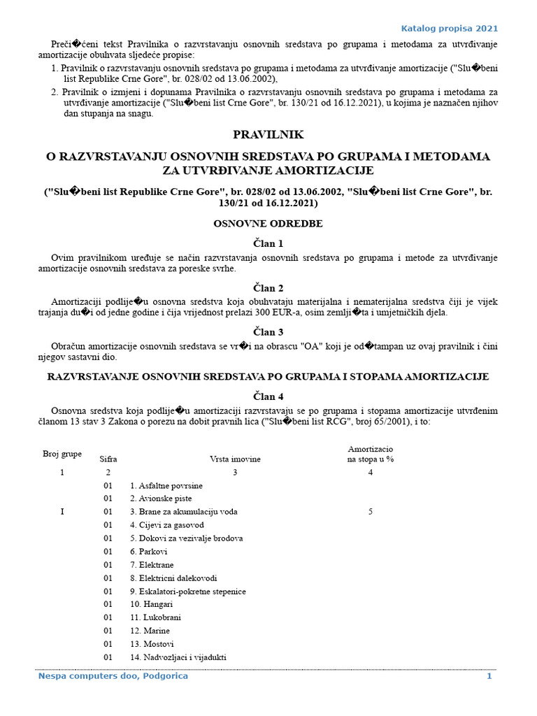 Pravilnik o Razvrstavanju Osnovnih Sredstava Po Grupama I Metodama Za Utvrdjivanje Amortizacije ...