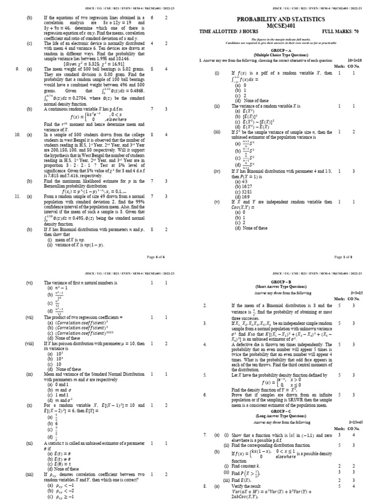 CSE - M (CSE) 401 - PROBABILITY AND STATISTICS - R21 - Booklet | PDF ...
