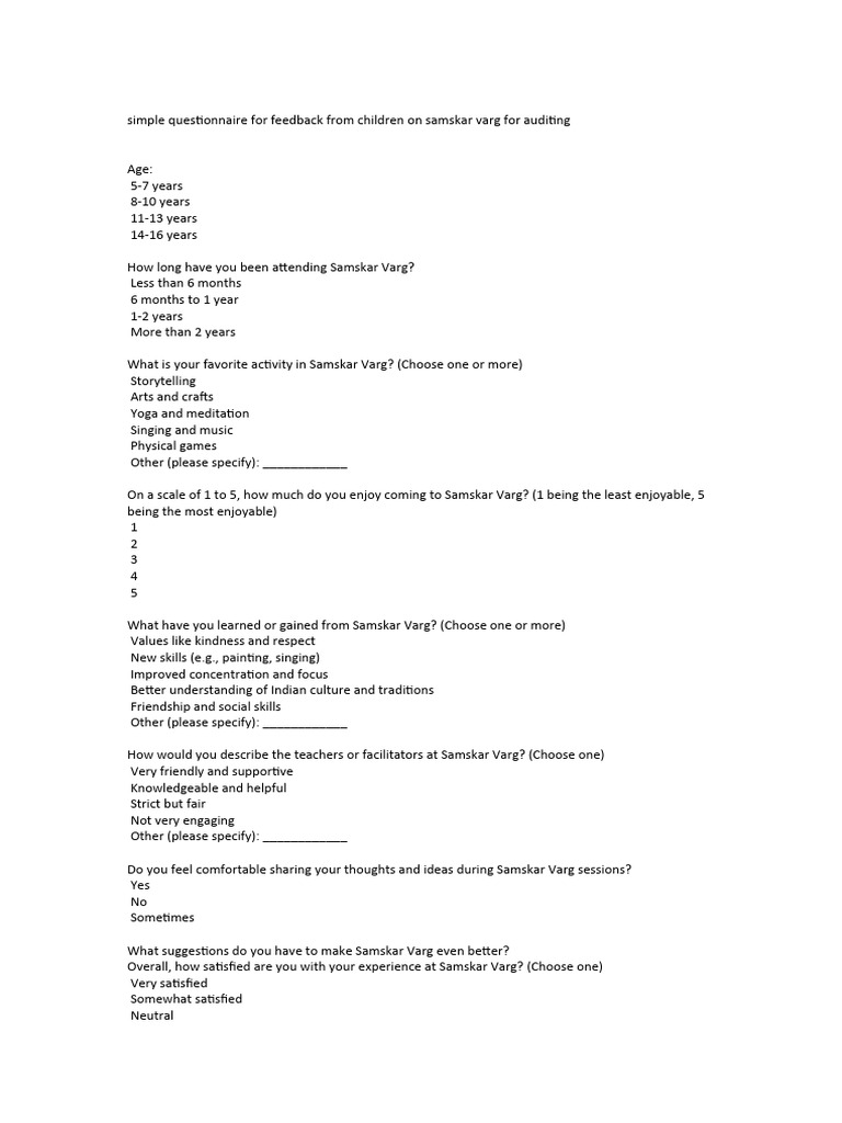 Samskar Varg Kids Feedback Survey | PDF